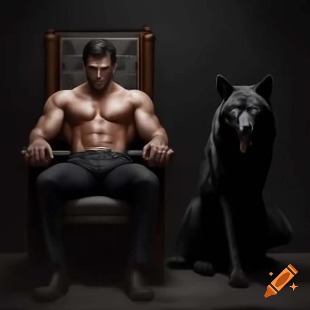 Muscular character resembling lucifer in black suit sitting in dark themed setting with snarling ...