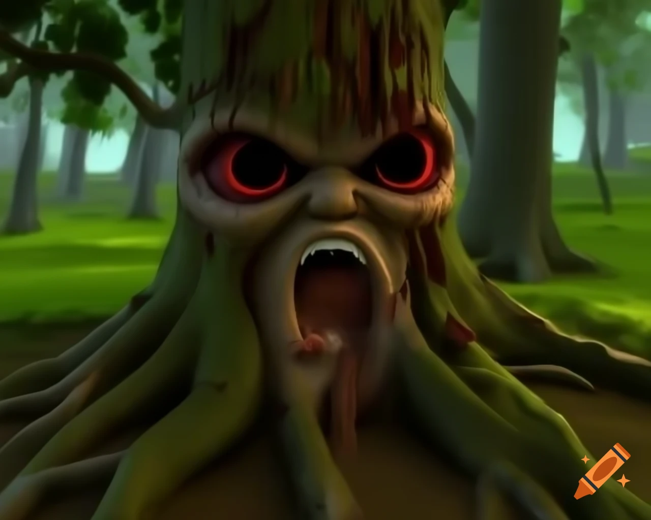 Creepy 3d cgi anime fantasy artwork of bark human face on tree in woods ...