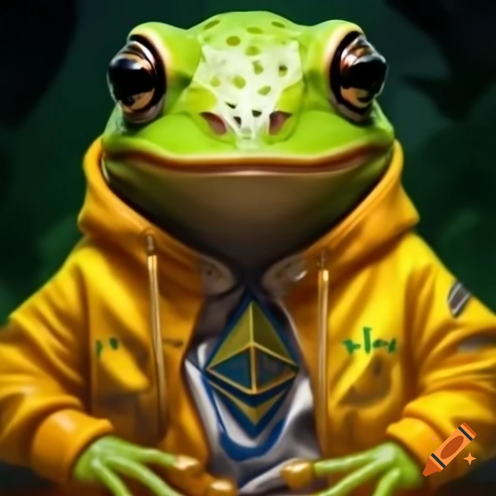 Vibrant yellow frog wearing Ethereum logo as fashionable attire on Craiyon
