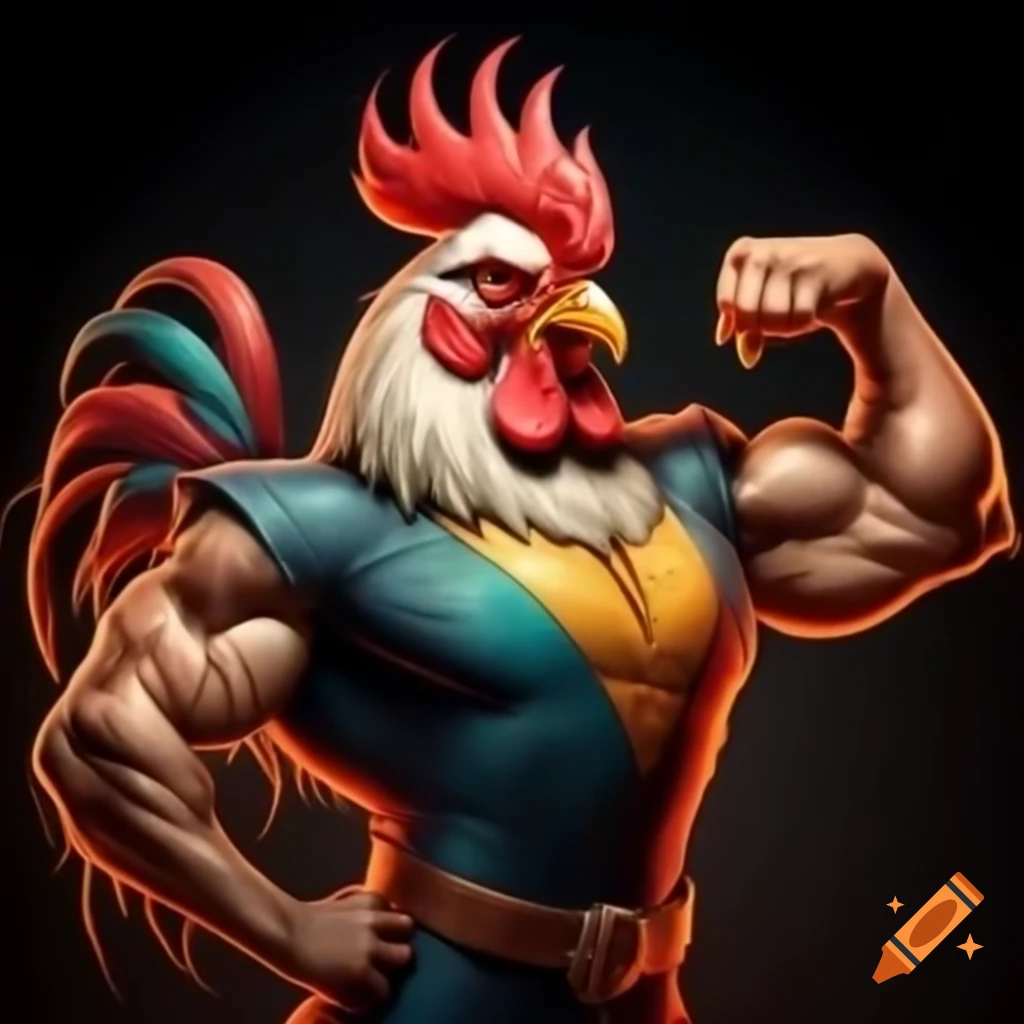 Colorful muscular rooster flexing biceps on Craiyon