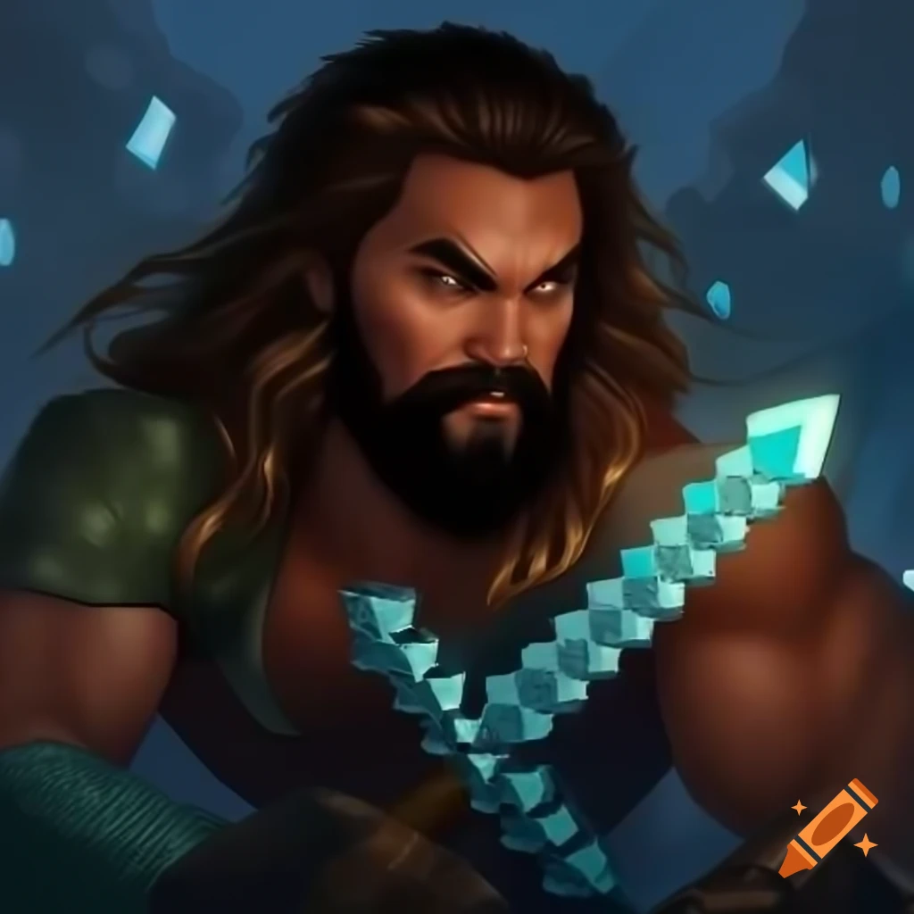 Jason momoa character wielding diamond sword in minecraft movie on Craiyon