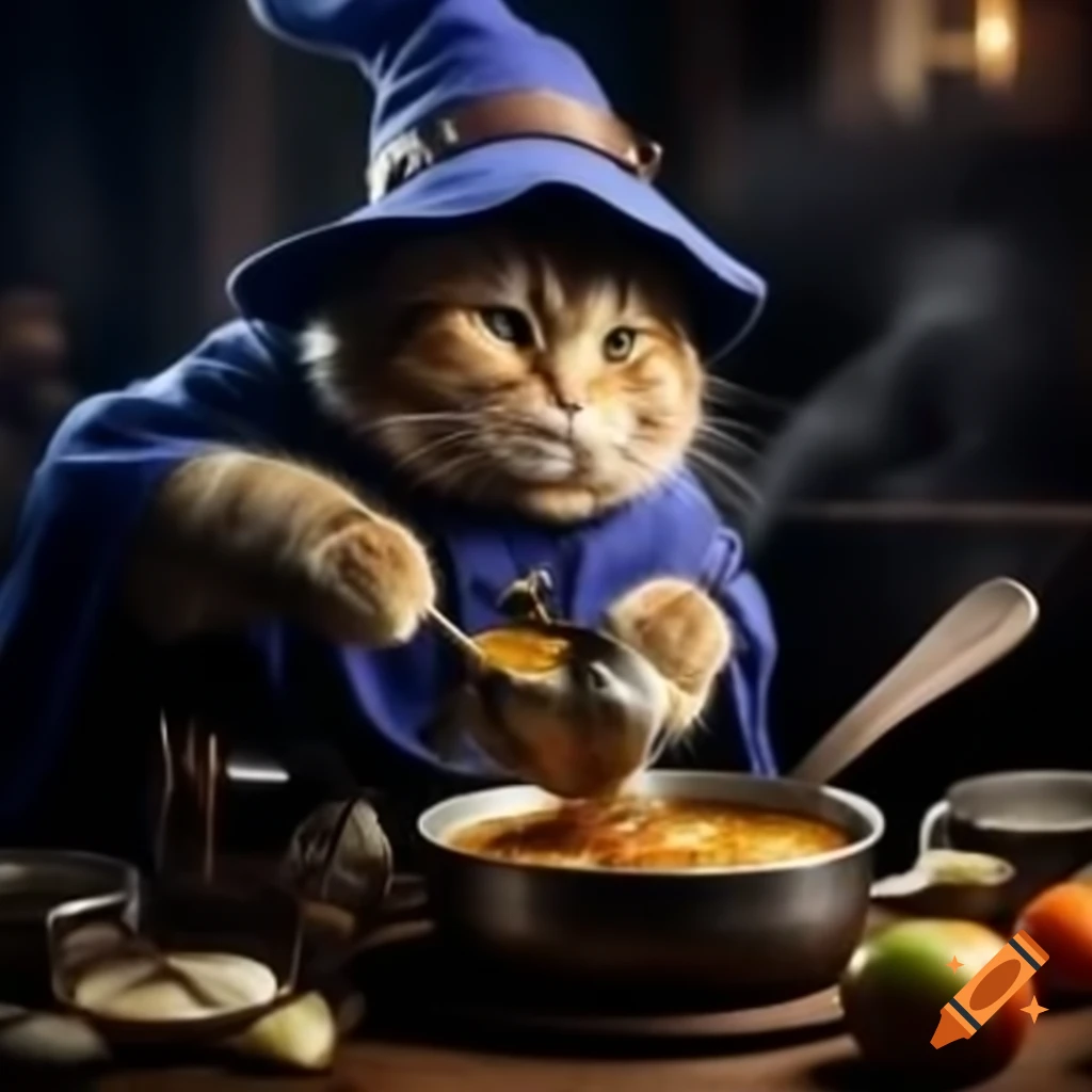 Cat wizard cooking soup in a magical setting on Craiyon