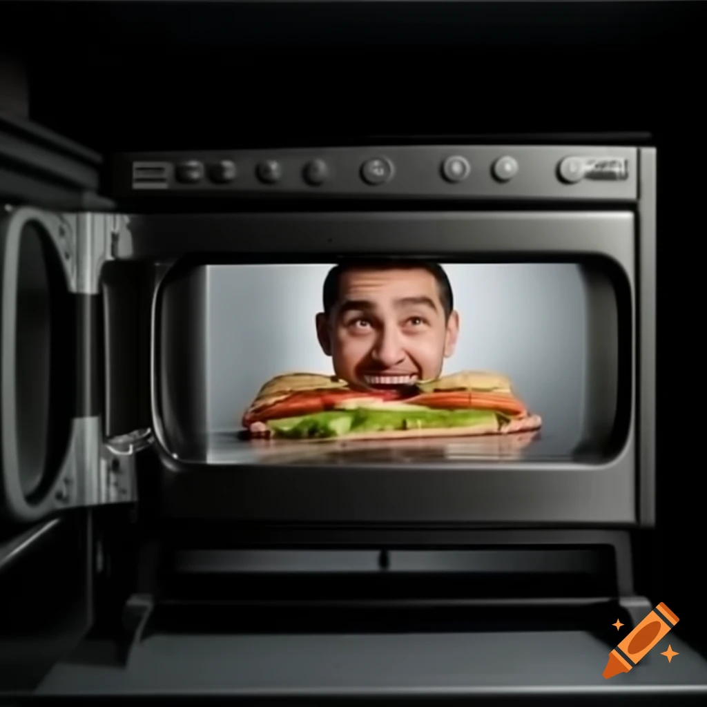 Man humorously stuck in microwave with sandwich, confused yet happy ...