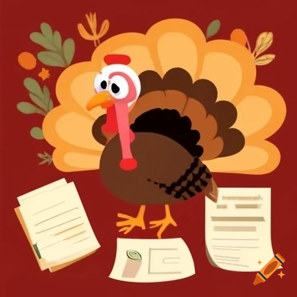 Thanksgiving turkey alongside various documents on Craiyon