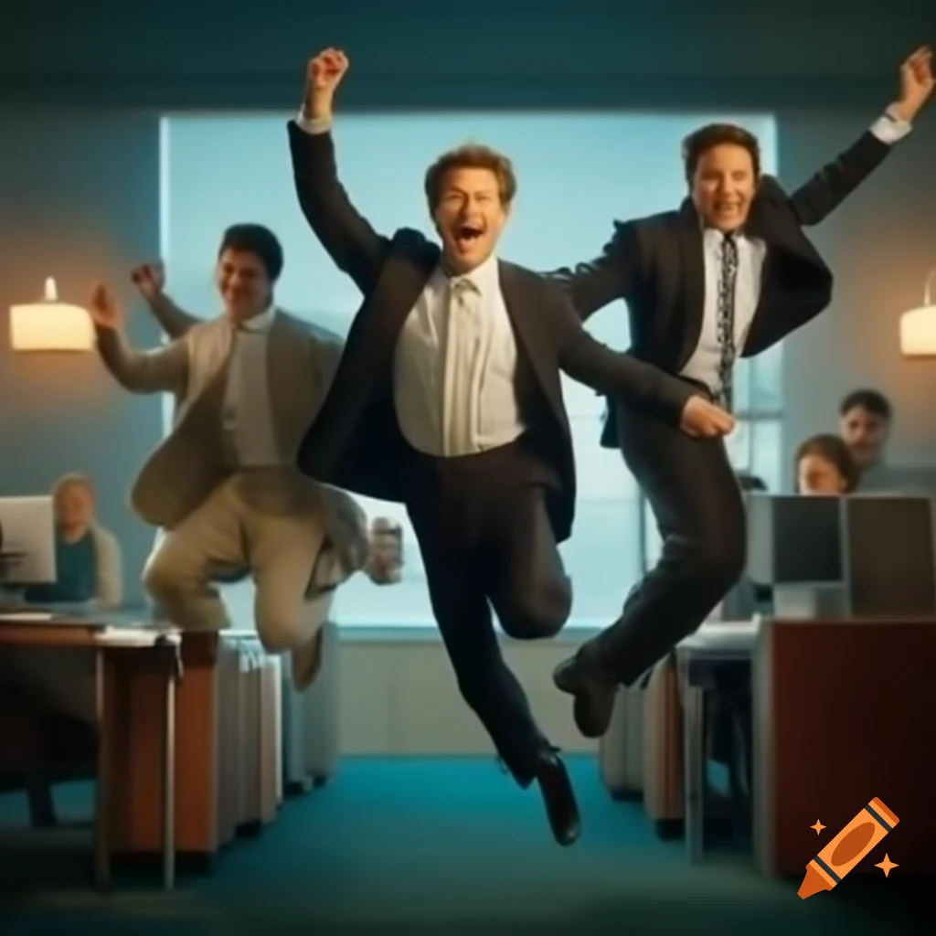2000s style movie poster featuring happy office workers jumping on Craiyon