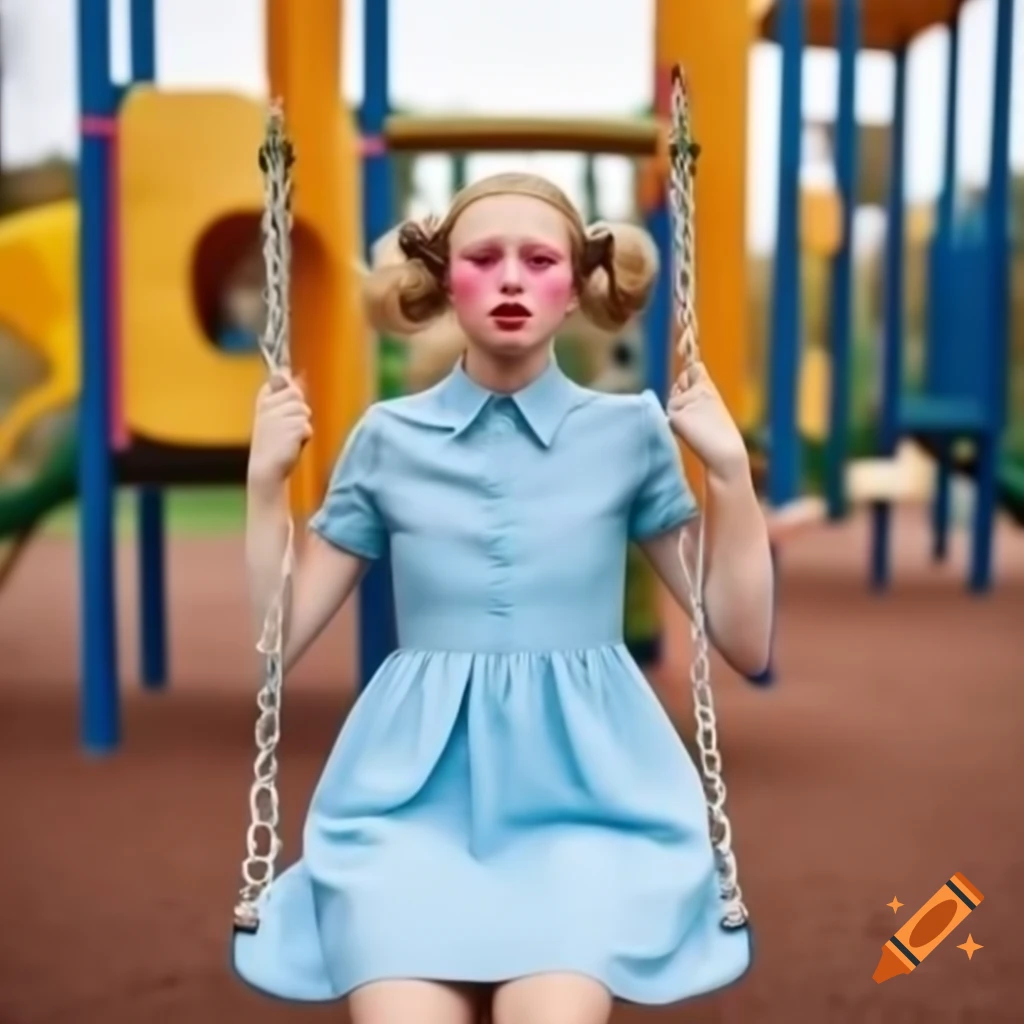 Woman in light blue dress with pigtails swinging on playground ...