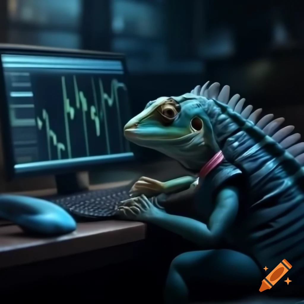Lizard in a suit performing data analytics on a computer on Craiyon