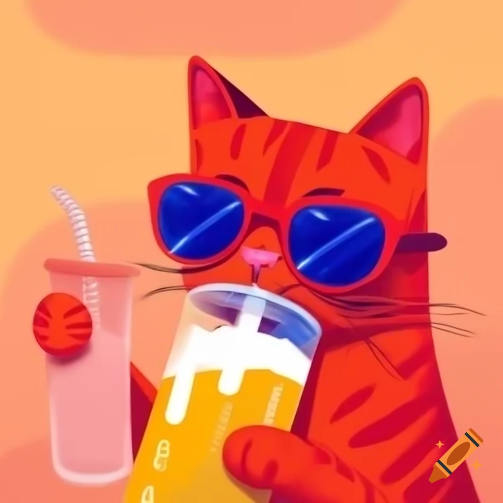 Cartoon art of red cat wearing sunglasses and drinking on Craiyon