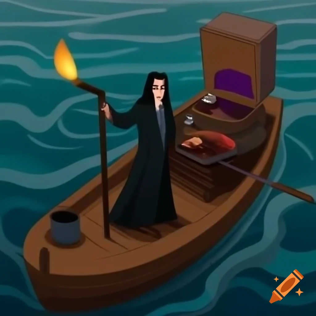 Charon the ferryman on River Styx with pizza box, blending mythology ...