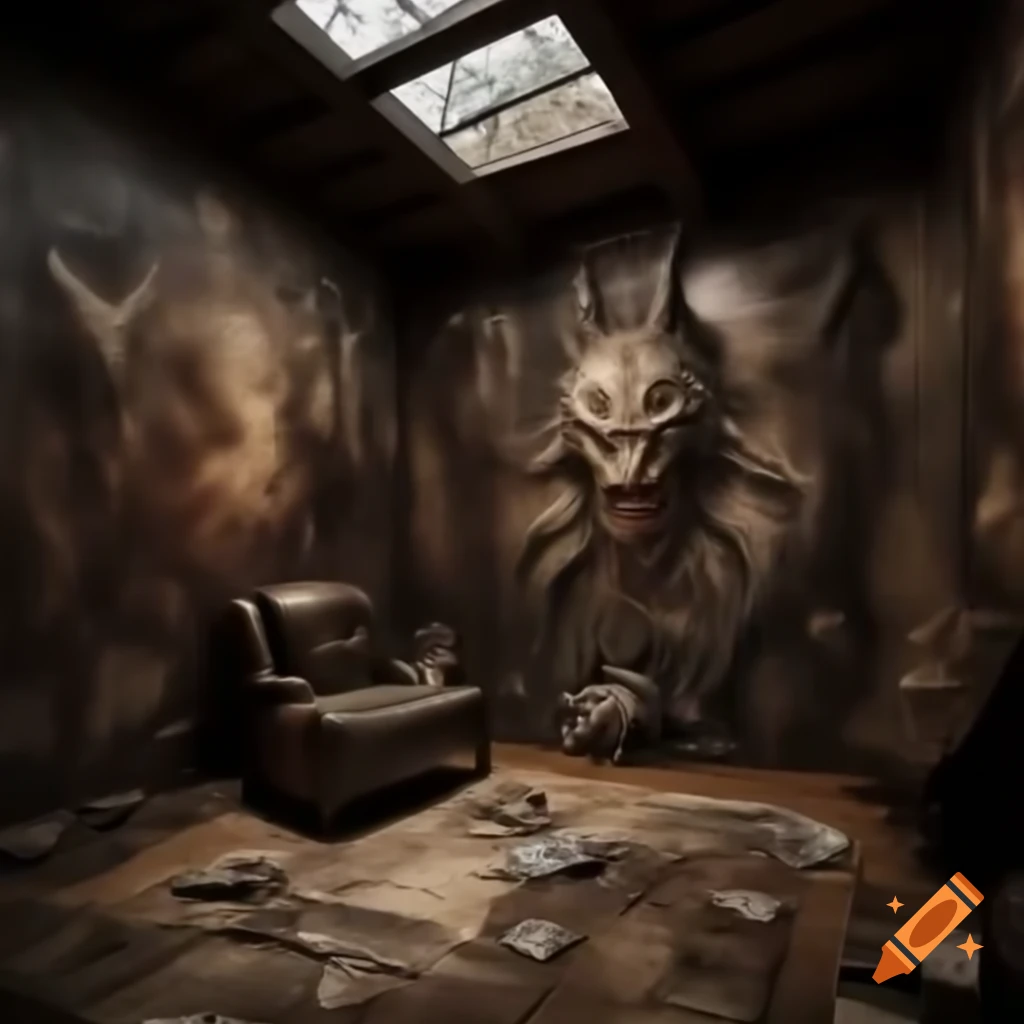 Scary house room with demonic drawings on walls on Craiyon