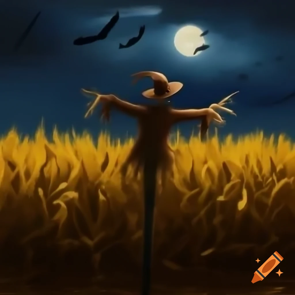 Scarecrow standing in cornfield at night, with bats and moonlight on ...