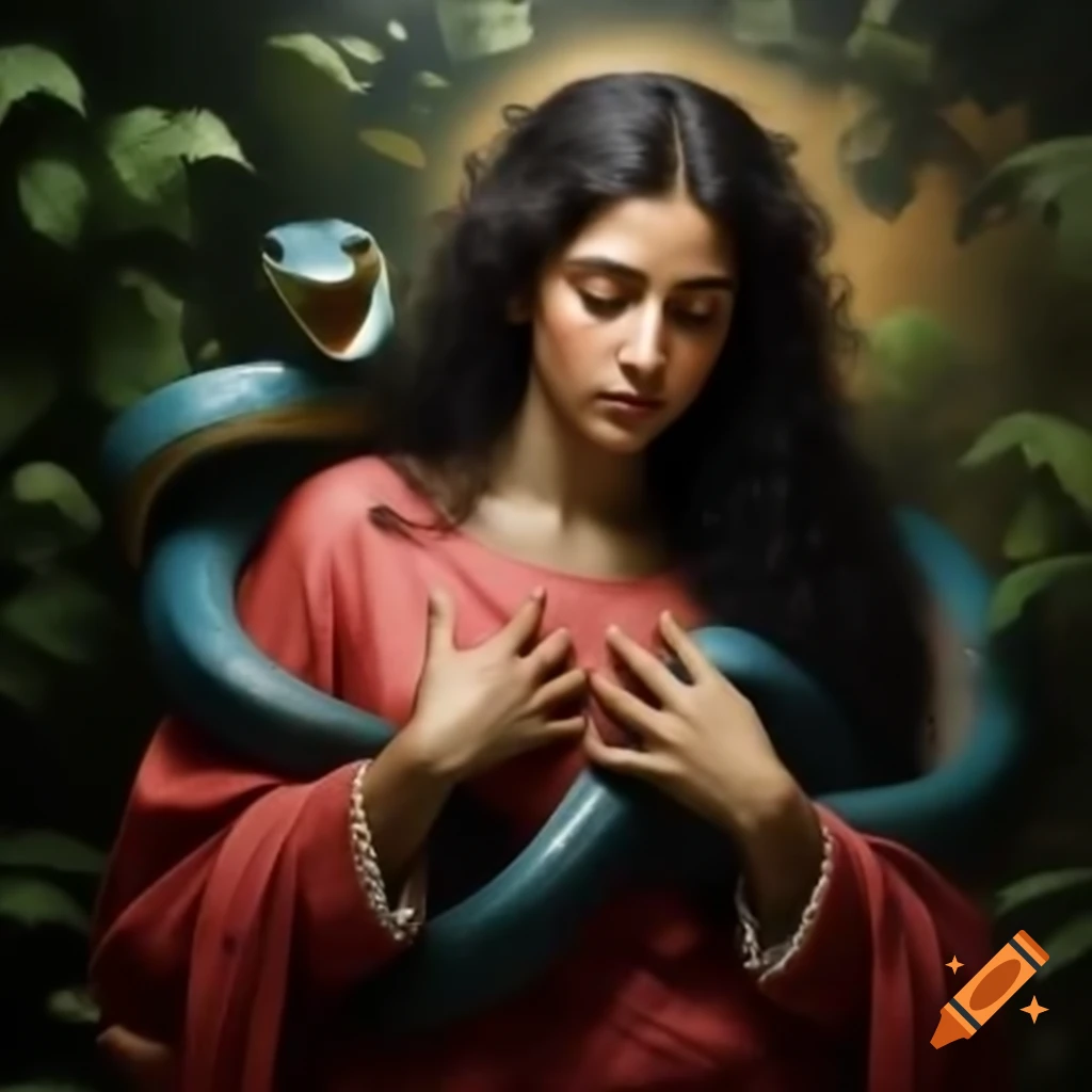 Virgin Mary Magdalene with snake in lush garden, wearing blue-red ...