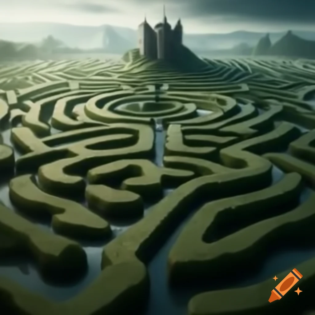 Massive non-circular maze with hedge and stone materials on Craiyon