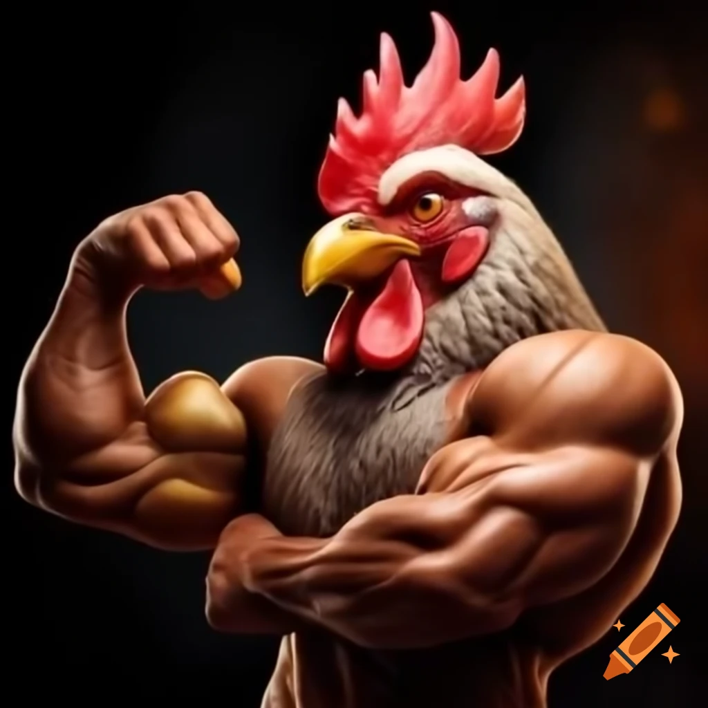 Colorful muscular rooster flexing biceps on Craiyon