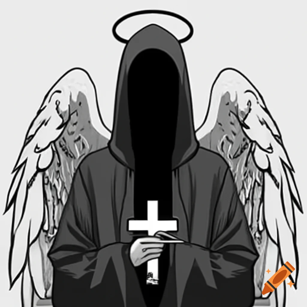 Hooded angel holding cross in black and white outline logo on Craiyon