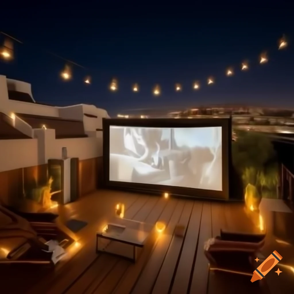 Cozy outdoor movie scene on rooftop in gran canaria, emphasizing warmth ...