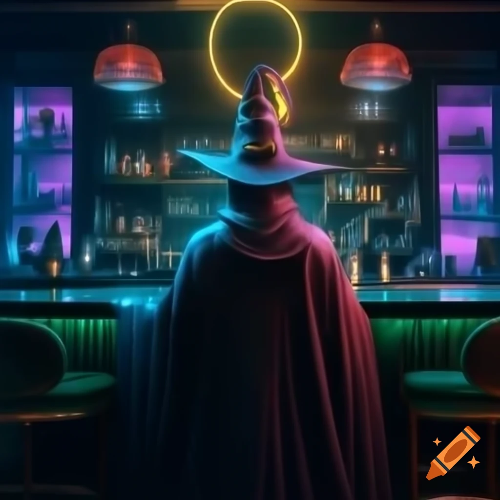 Futuristic wizard at neon-lit bar raising shot glass in bustling ...