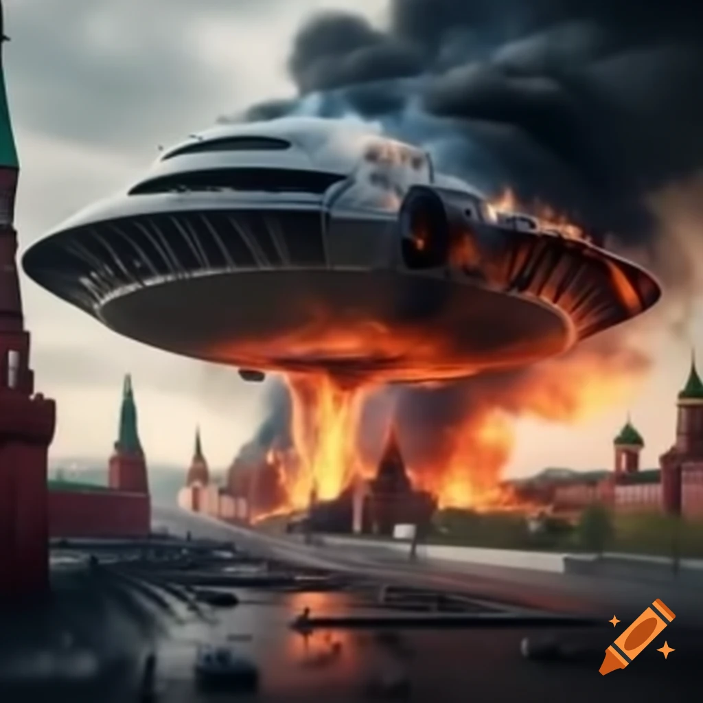 Hyper-realistic photo of flying saucer shooting fire at moscow kremlin ...