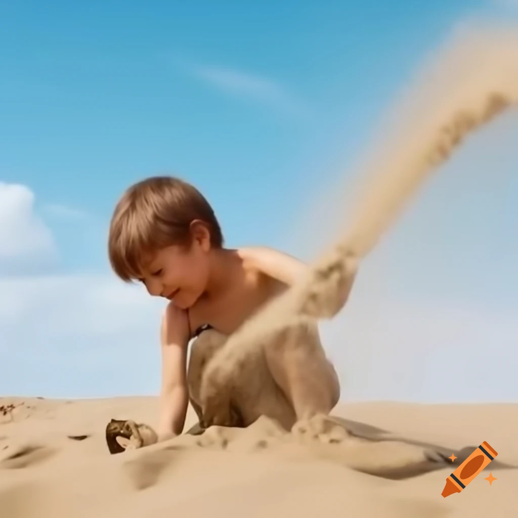 Child digging in sand with spray of sand flying up on Craiyon