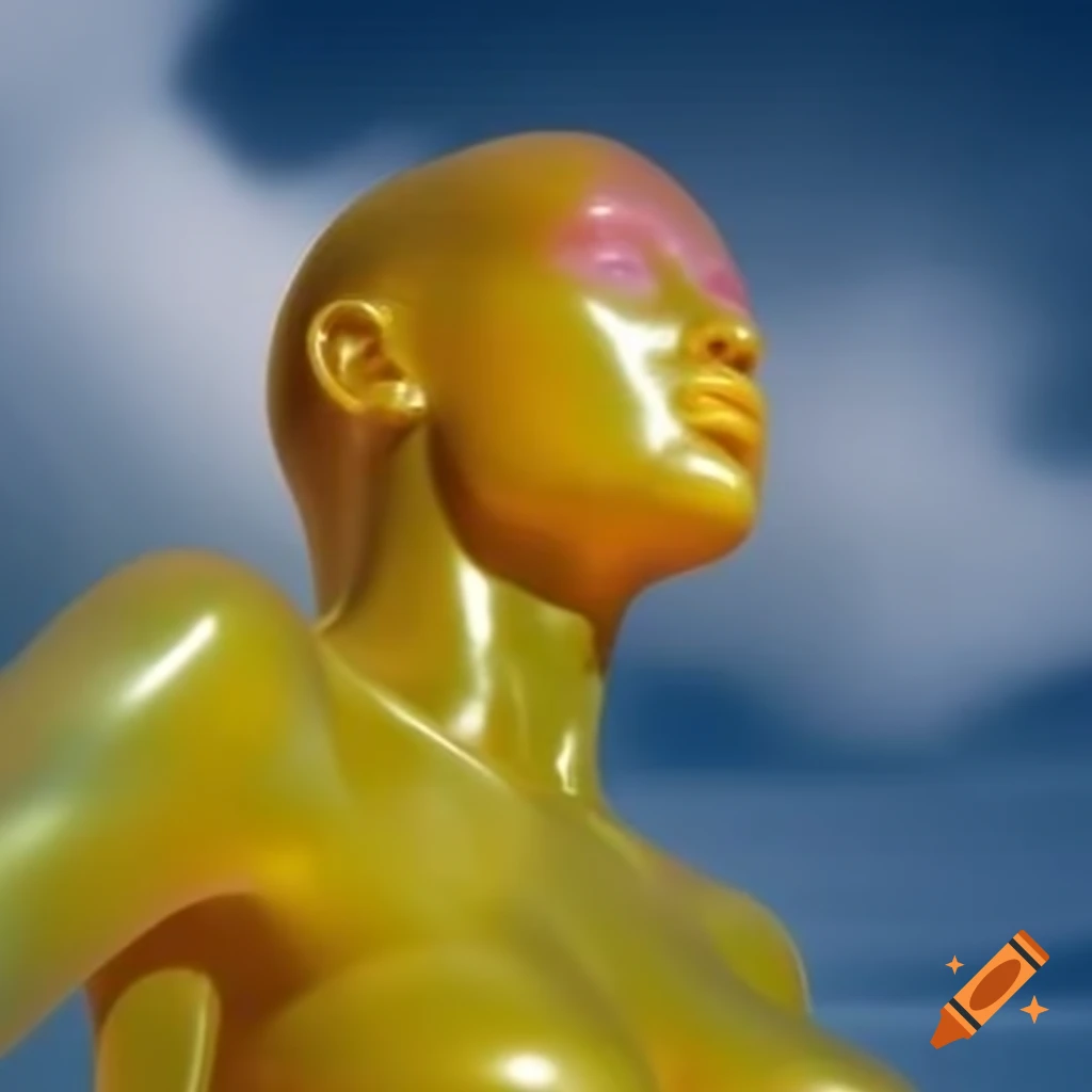Iridescent yellow glass statue in pop surreal 2000's photography style ...