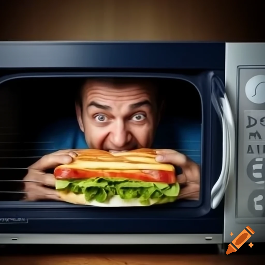 Man humorously stuck in microwave with sandwich, confused yet happy ...