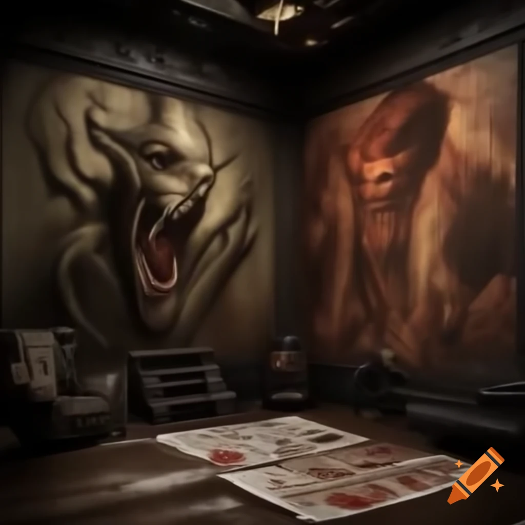 Scary house room with demonic drawings on the walls on Craiyon