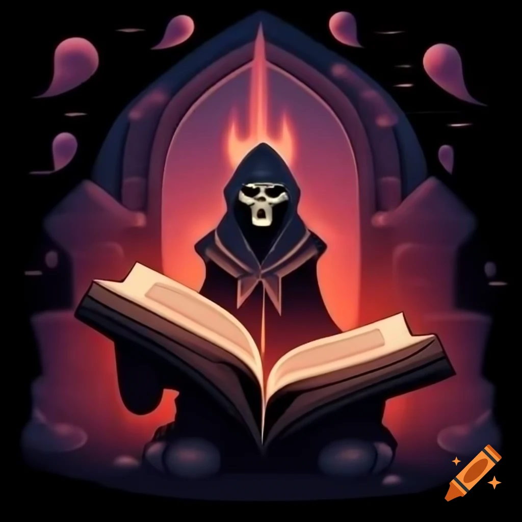Skeleton mage reading ancient spellbook with glowing floating embers on ...