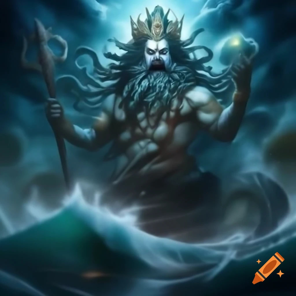 Massive sea god emerging from ocean depths with coral crown and ...