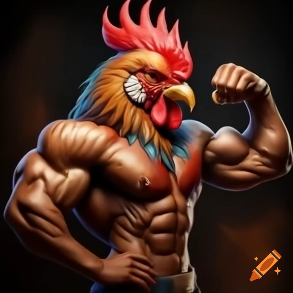 Colorful muscular rooster flexing biceps on Craiyon