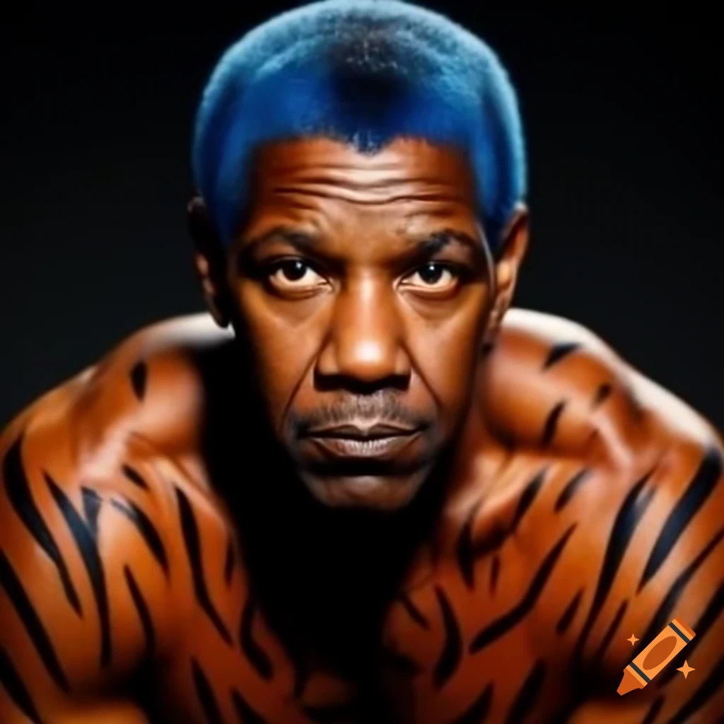 Muscular figure with tiger-style makeup featuring blue hair and orange ...