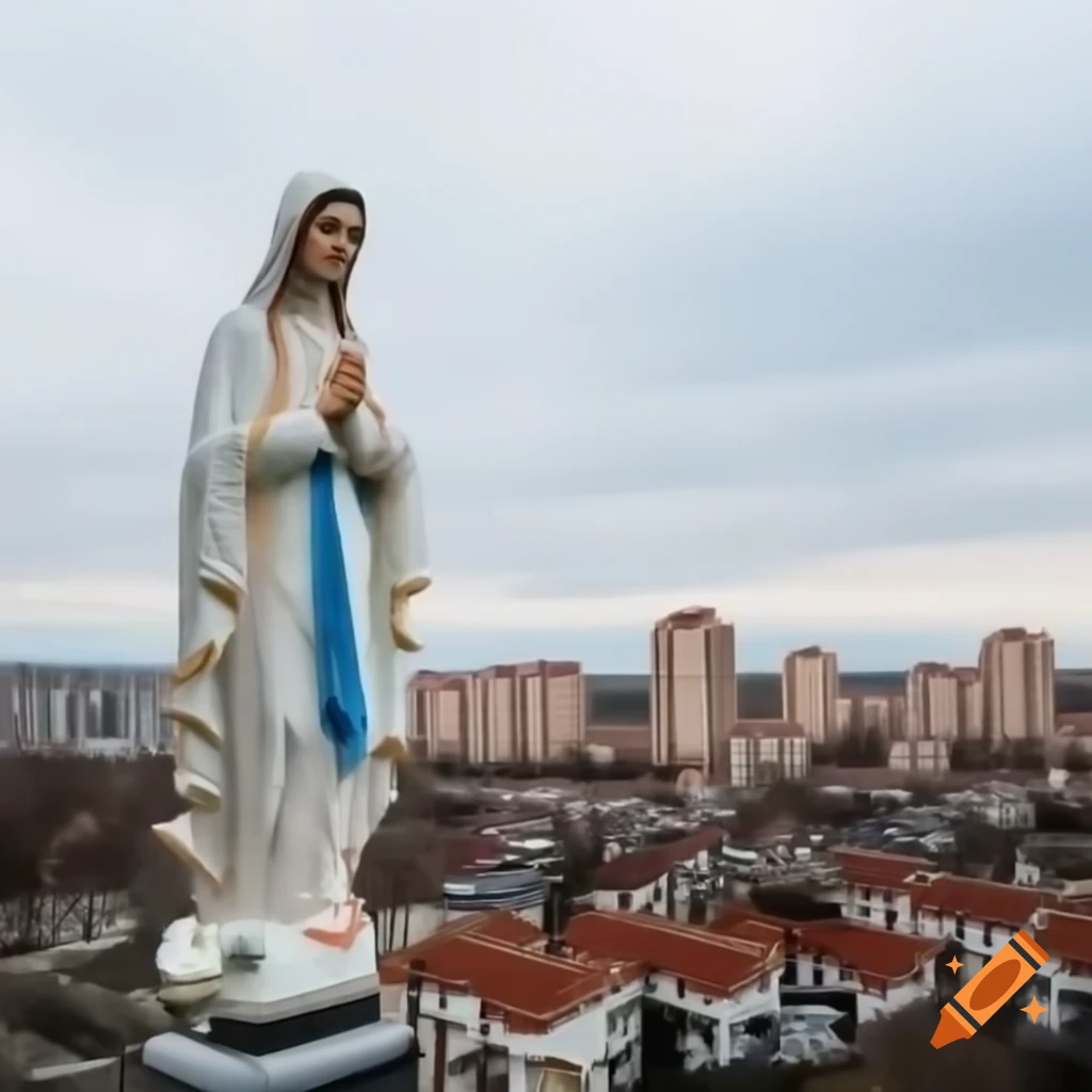 Statue of virgin mary overlooking housing projects on Craiyon