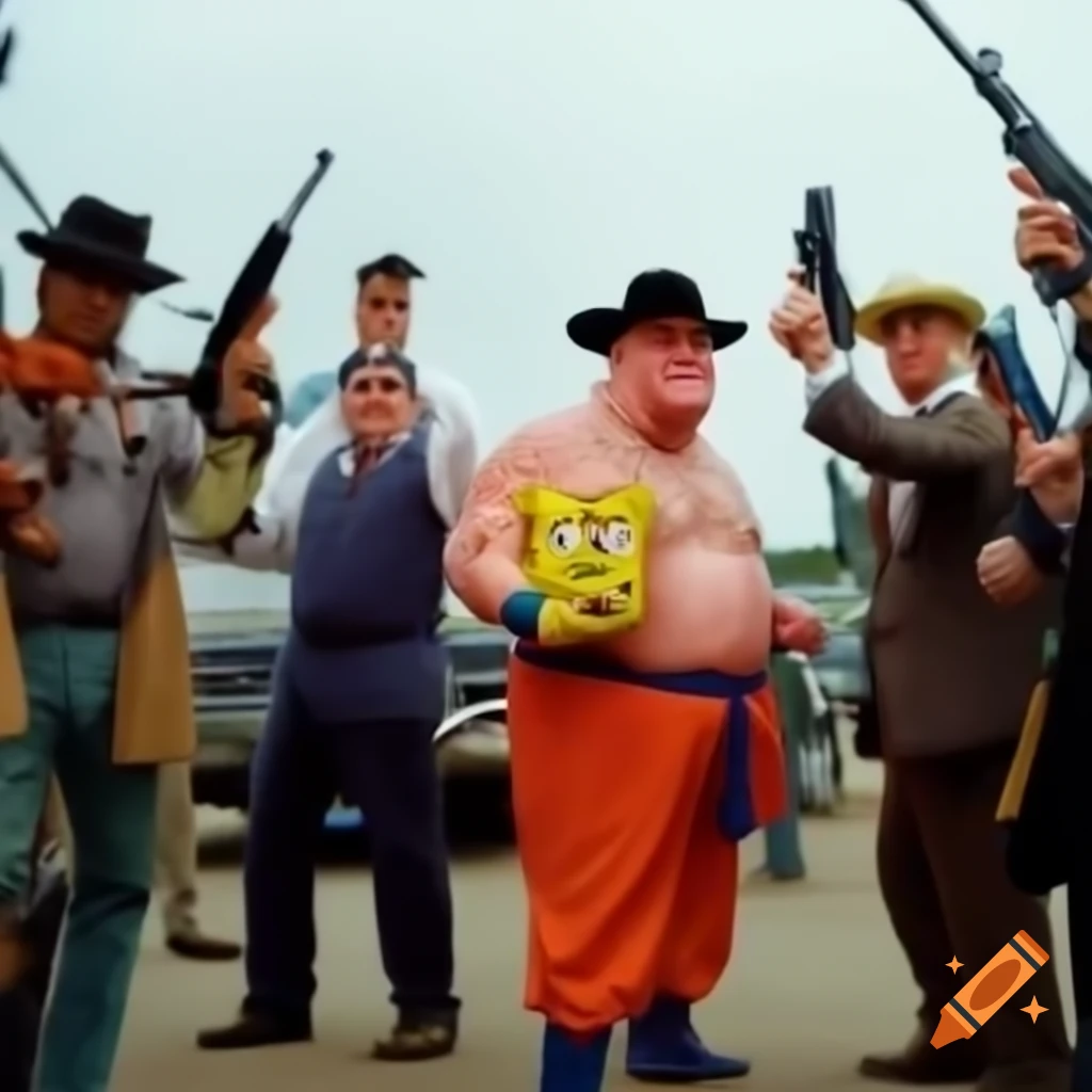 Cartoon scene with patrick aiming a gun at spongebob on Craiyon