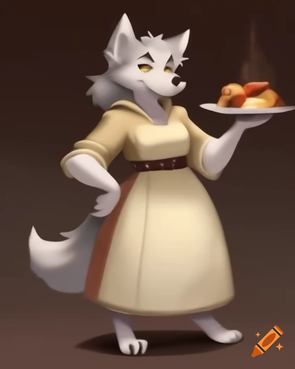 Anthropomorphic female wolf in servant dress smiling, emphasizing character design on Craiyon