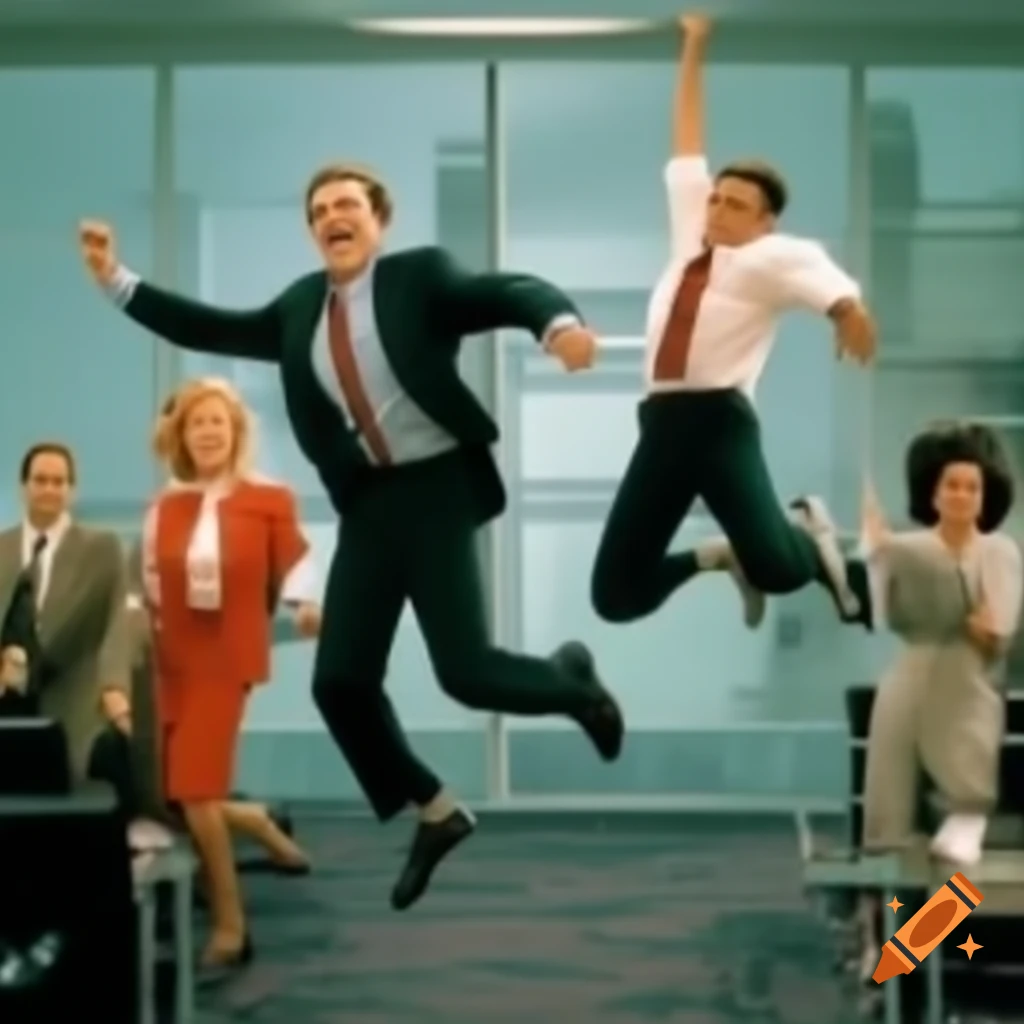2000s style movie poster featuring happy office workers jumping on Craiyon