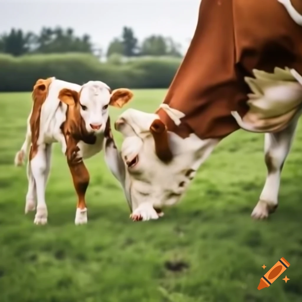 Startled brown and white cow with prominent horns gazing at viewer on ...