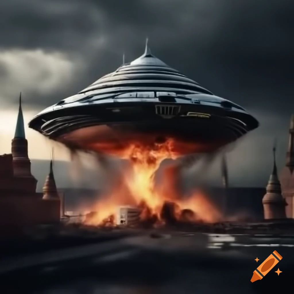 Hyper-realistic photo of flying saucer shooting fire at moscow kremlin ...