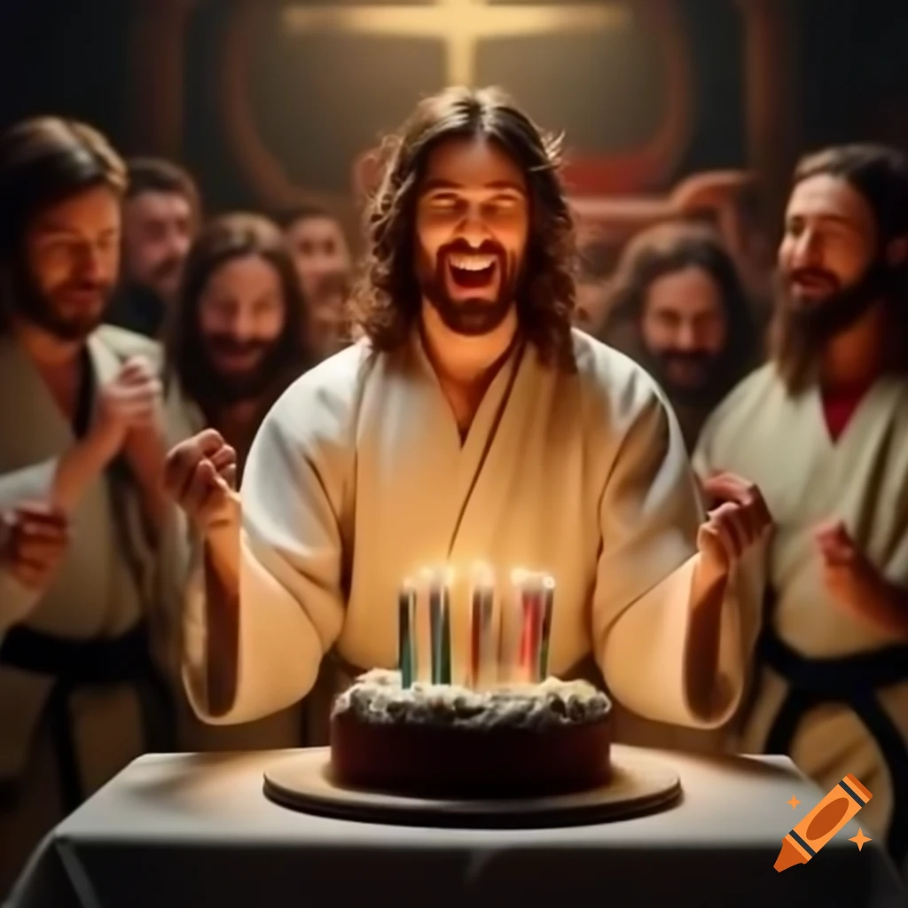 Jesus presenting birthday cake with other jesuses practicing karate in ...
