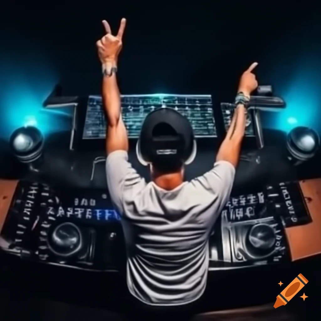 DJ mixing music on turntables from behind on Craiyon