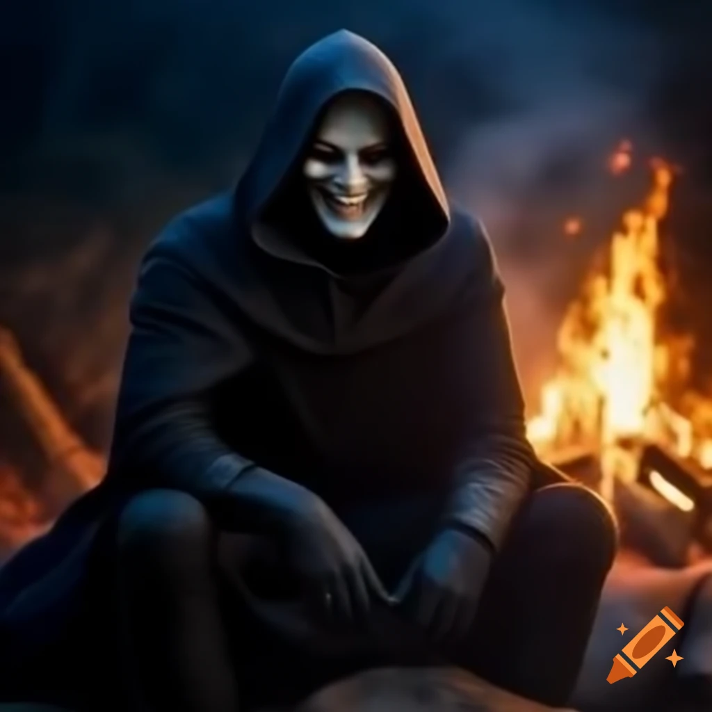 Mysterious man in black cloak by campfire with sinister smile on Craiyon