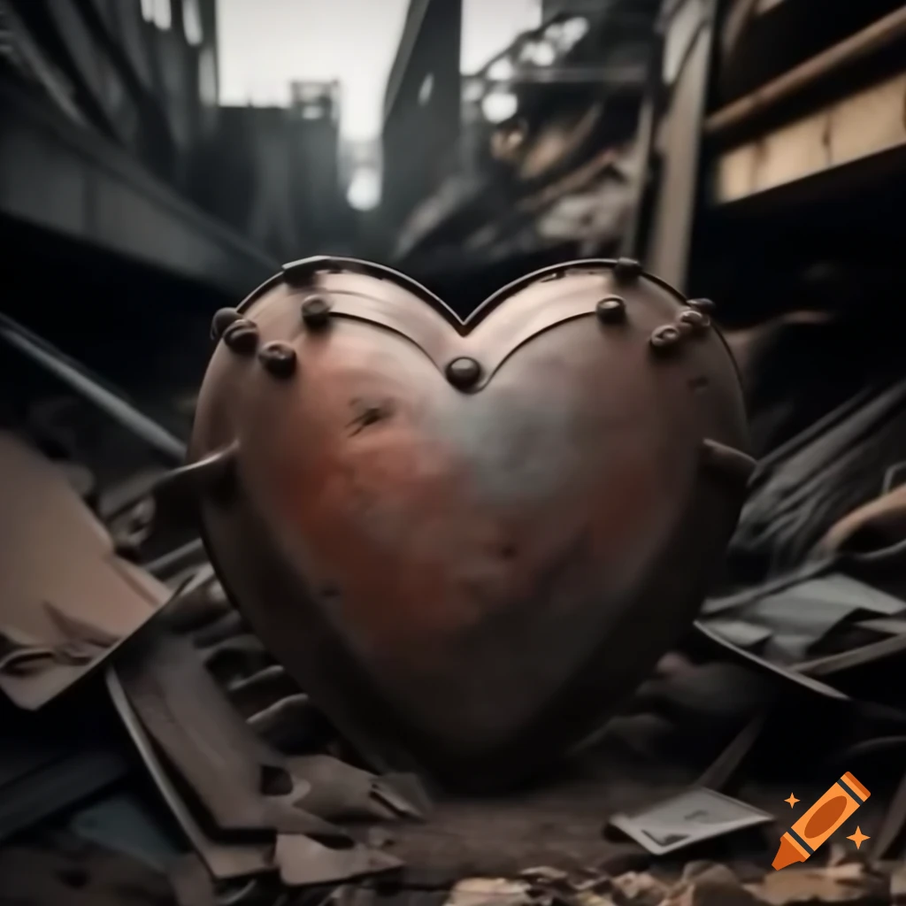Rusty steel heart among scrap metal in abandoned junkyard on Craiyon