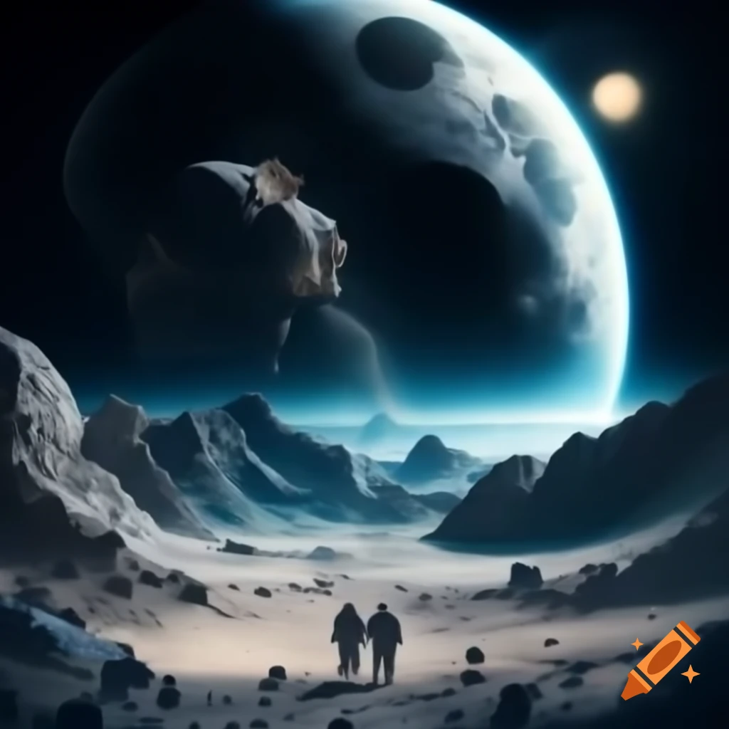 Lunar landscape with craters, moon rocks, and Apollo-style lunar lander with astronauts ...