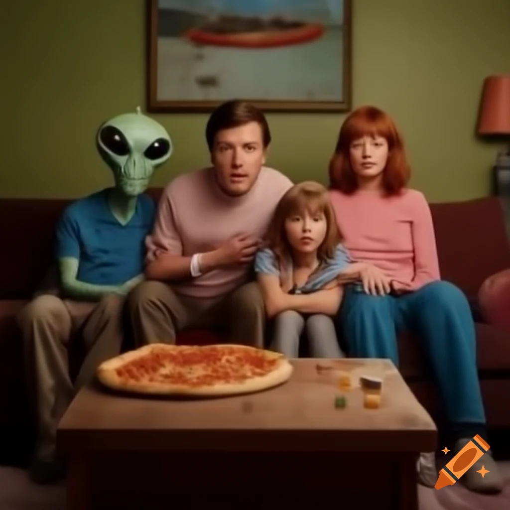 Family laughing on couch with brown juice while watching alien eat ...