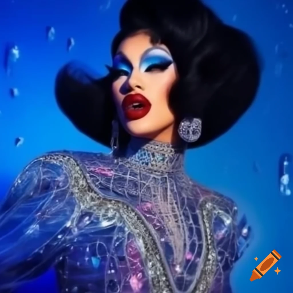 Drag queen ivana tinkle in beaded water droplet inspired dress on Craiyon