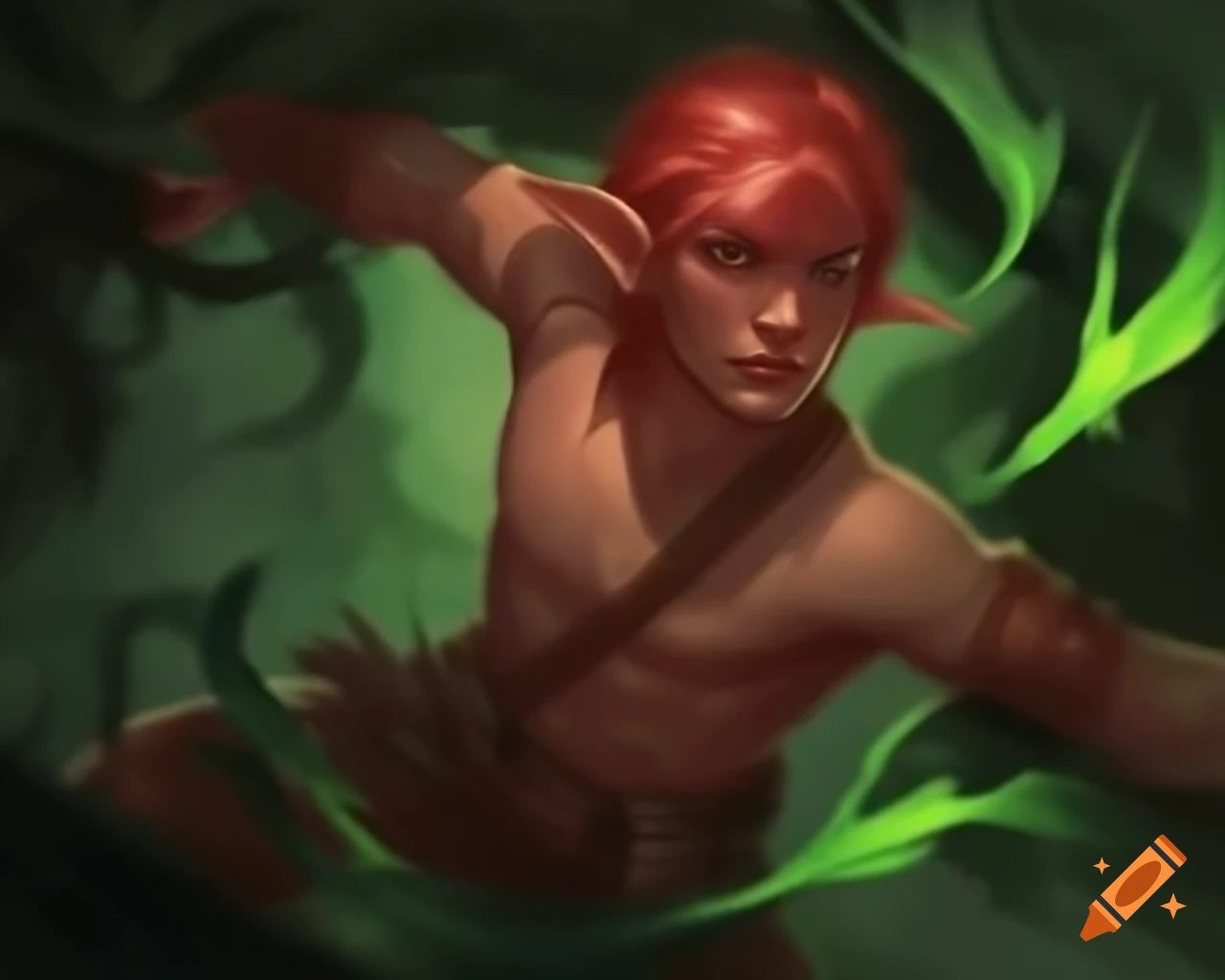 Red-haired female elf in arcane art style on Craiyon