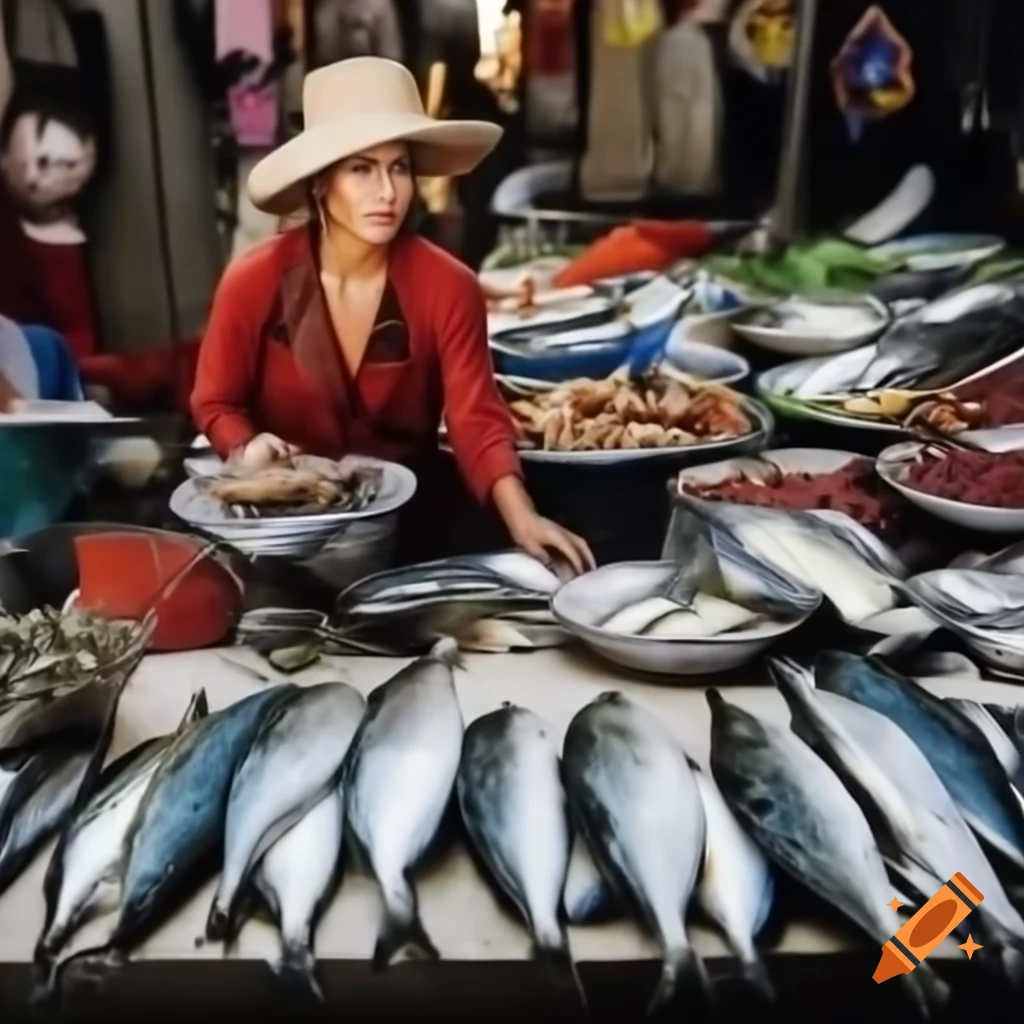 Jennifer Lopez interacting with customers while selling fish on Craiyon
