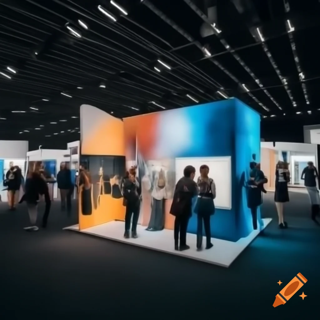 Goose in vibrant red soda exhibition booth with neon and graphic panels on Craiyon