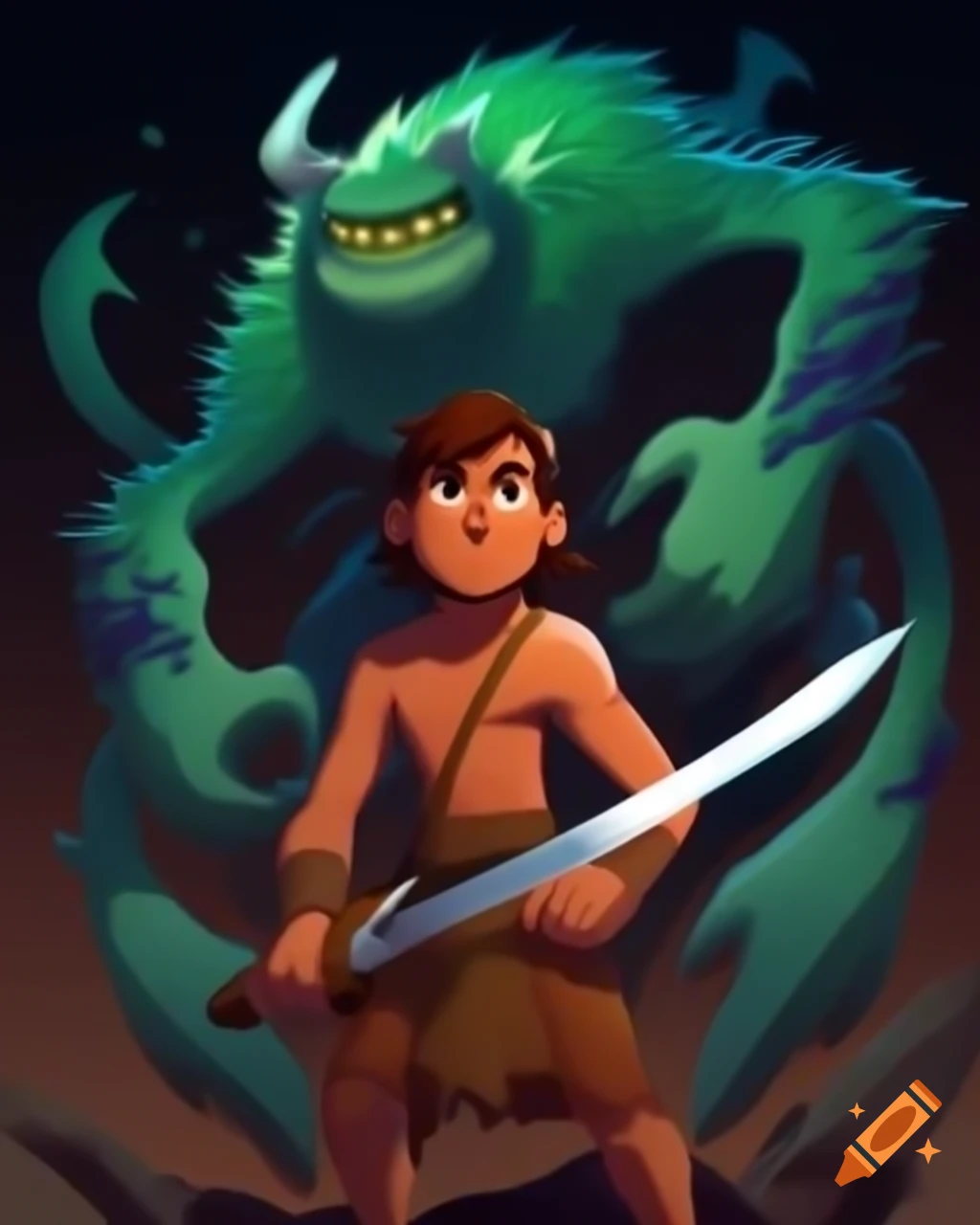 Male character in prehistoric outfit wielding sword against fantastical creature in animated ...