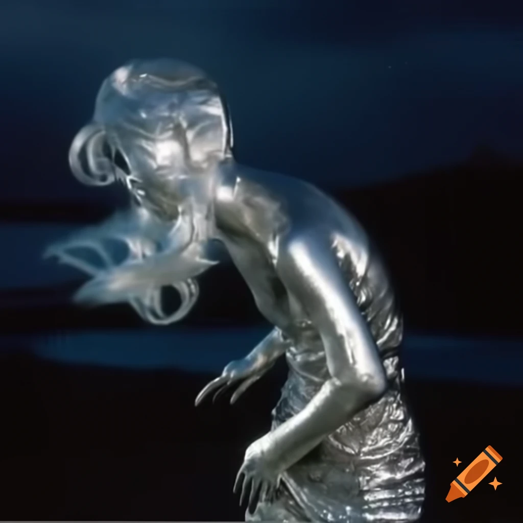 Pop surreal photography featuring a silver statue from the 2000s on Craiyon