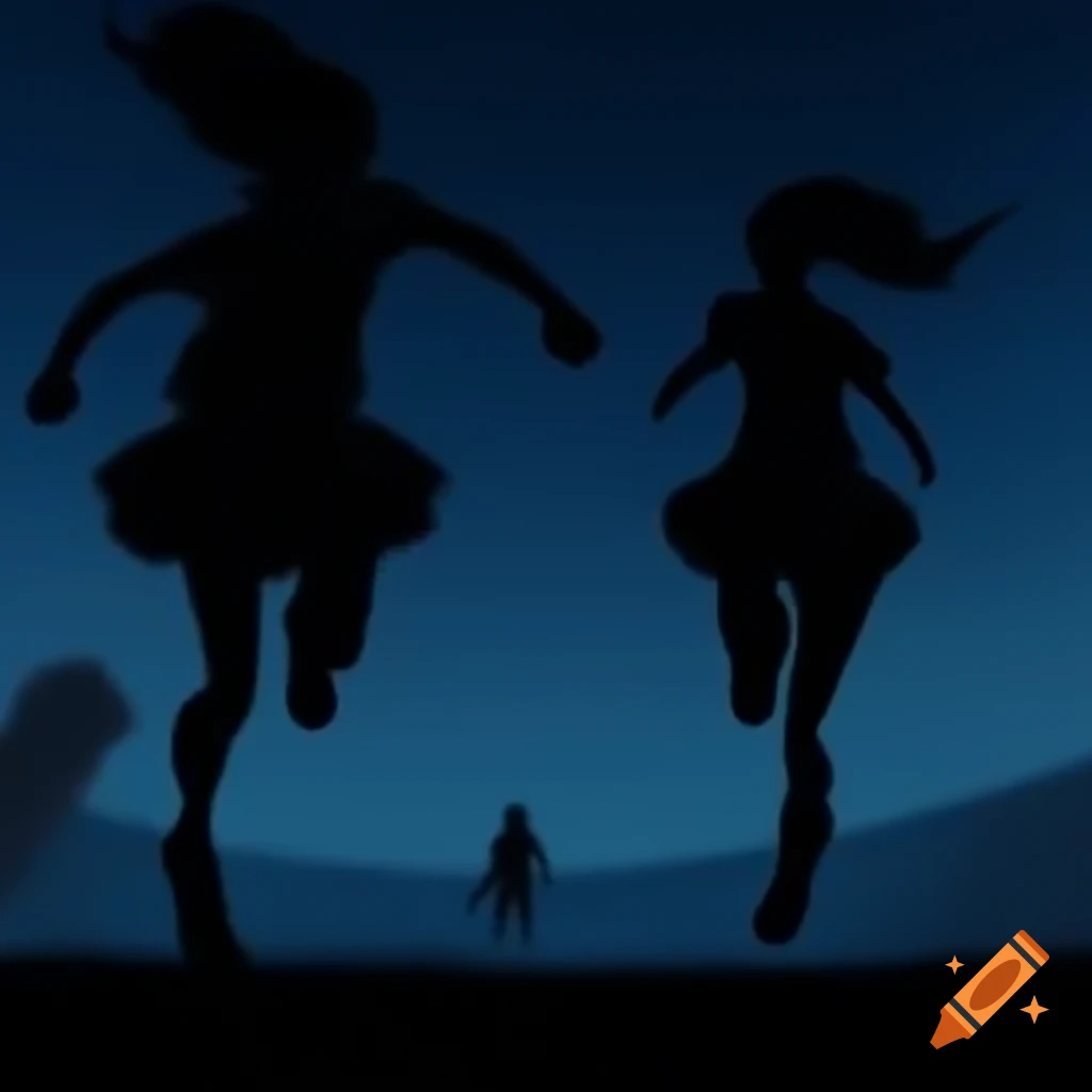 Animated silhouettes of Mia and Sarah running with mysterious figure ...