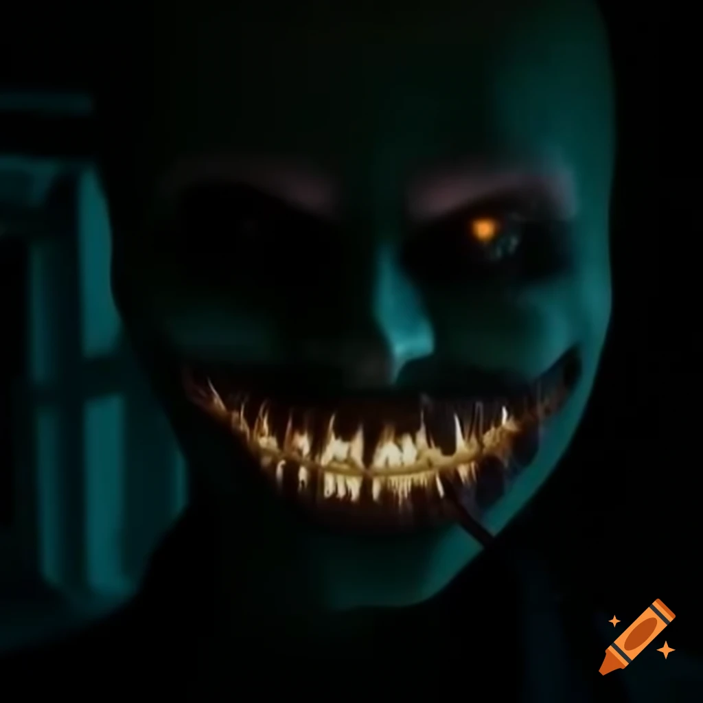 Shadowed face with a terrifying grin appearing in an abandoned room on ...